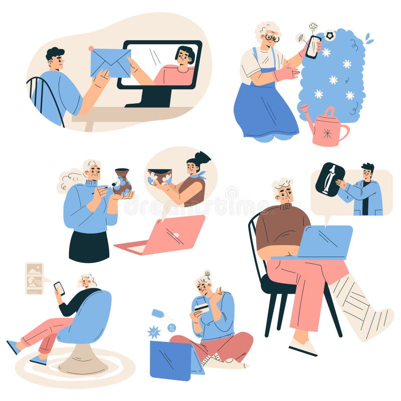 New Technologies with People Character Using Mobile Device Vector Set ...