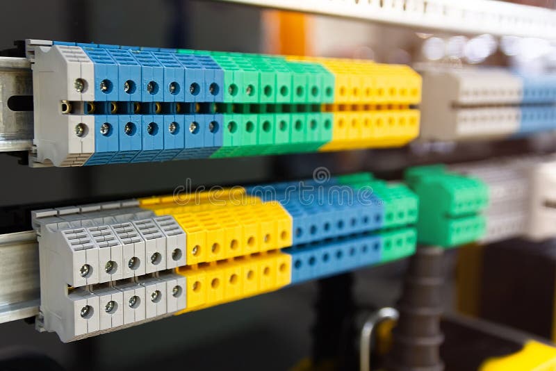 New Terminal Blocks Located on a DIN Rail at the Exhibition Stand Stock ...
