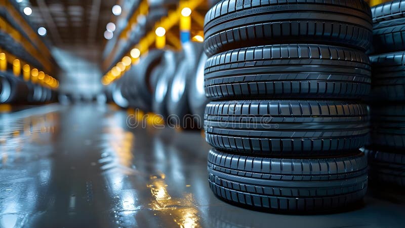 New Tire Stack in Warehouse Background with Space for Text. Concept ...