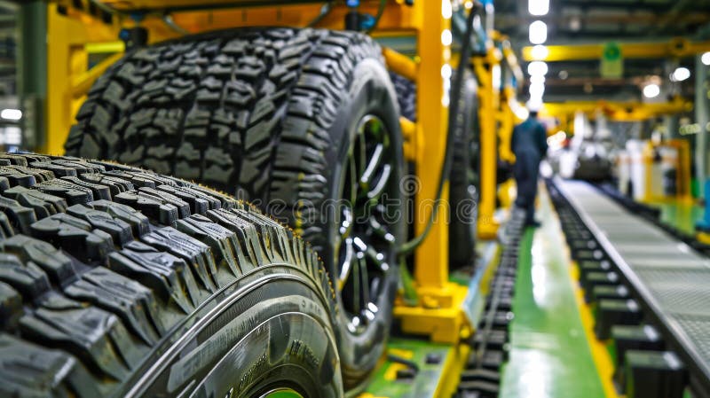 New Tires on a Production Line Move through the Factory. a Worker ...