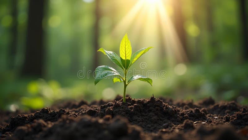 New Tree Sapling in Forest Clearing with Sunlight Rays Stock ...