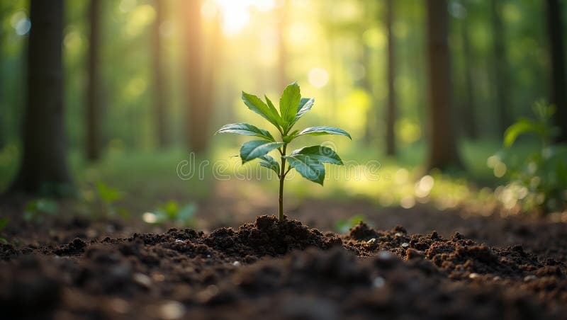 New Tree Sapling in Forest Clearing with Sunlight Rays Stock ...