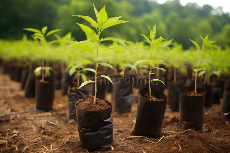 New Tree Saplings Planted for Reforestation Project Stock Illustration ...