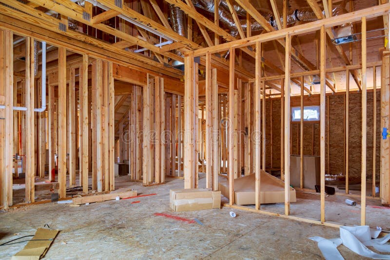 Interior Under Construction Wood Studs Framing Stock Photo - Image of ...