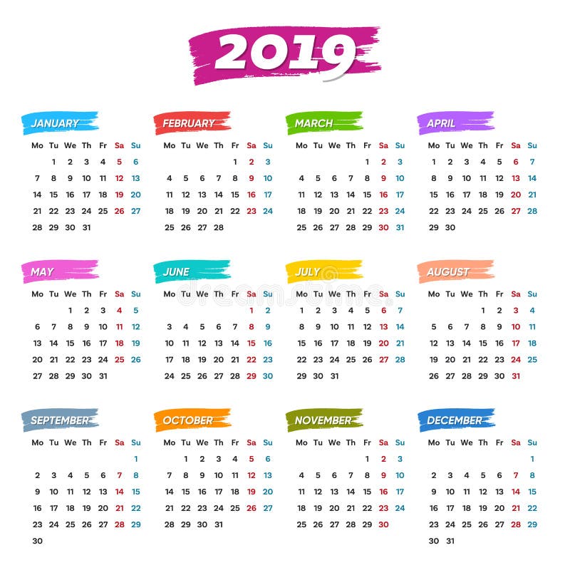 New Vector 2019 Calendar Weeks Start from Monday Stock Vector ...