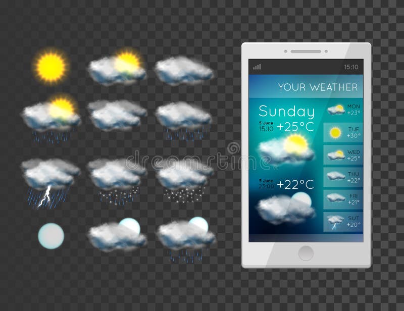 Realistic Weather Icons on Transparent Stock Vector - Illustration of ...