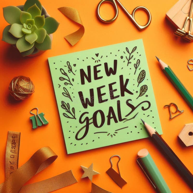 New Week Goals Written on Green Note with Pencil on Orange Background ...