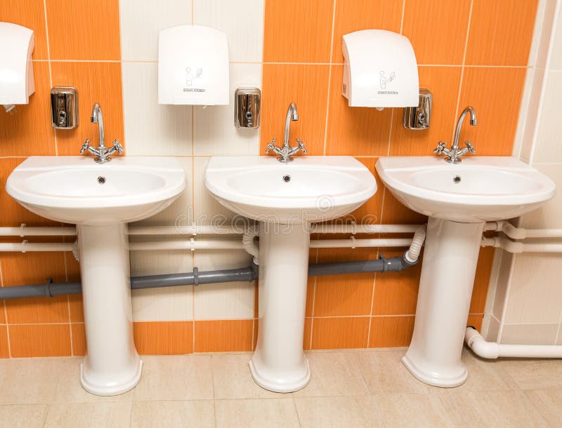 New White Ceramic Sinks and Hand Dryers Stock Image - Image of plumbing ...