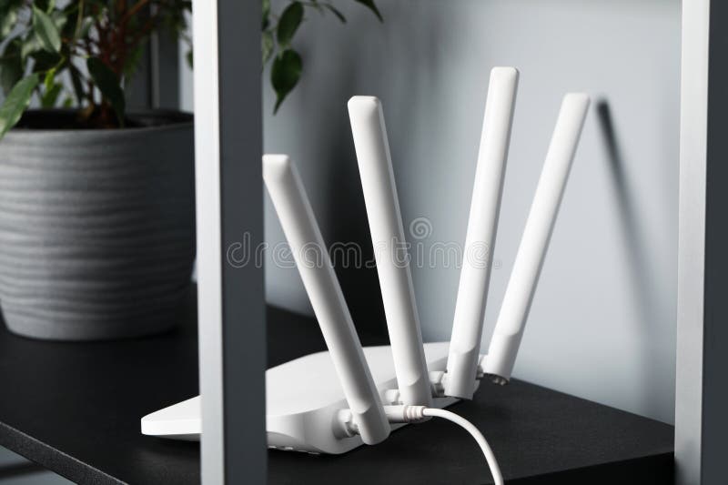 New White Wi-Fi Router Near Potted Plant on Black Shelf Stock Photo ... New White Wi-Fi Router Near Potted Plant on Black Shelf Stock Photo ...