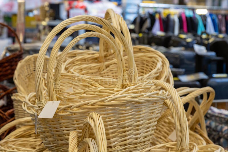 New Wicker Baskets on Store Shelf. Decor Goods Stock Photo - Image of ...