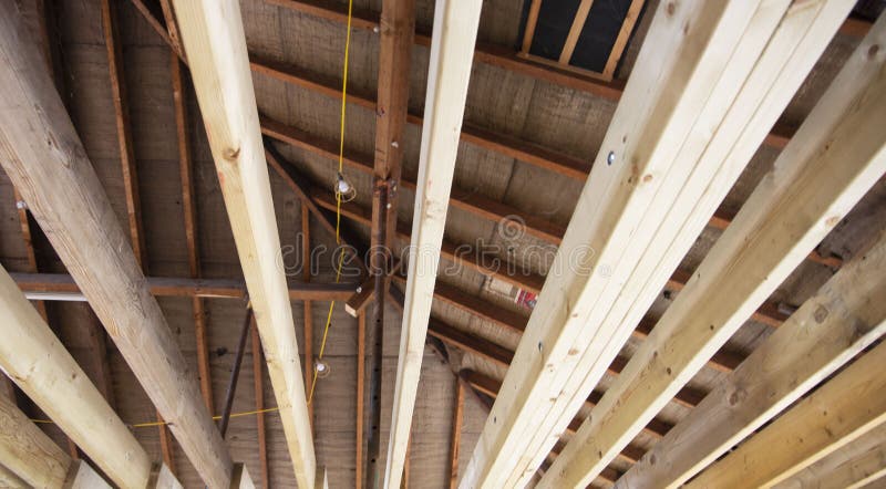 New Wooden Ceiling Rafters Installed Stock Photo - Image of ready, room ...