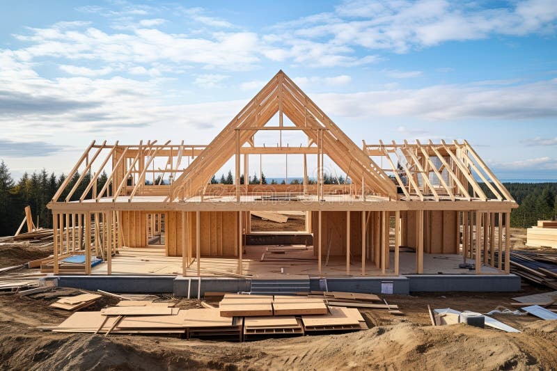 New Wooden House Under Construction. Generative AI. Stock Illustration ...
