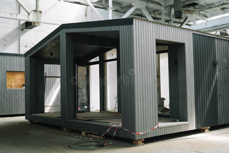 A New Wooden Modular Prefabricated House Inside in Manufacturing ...