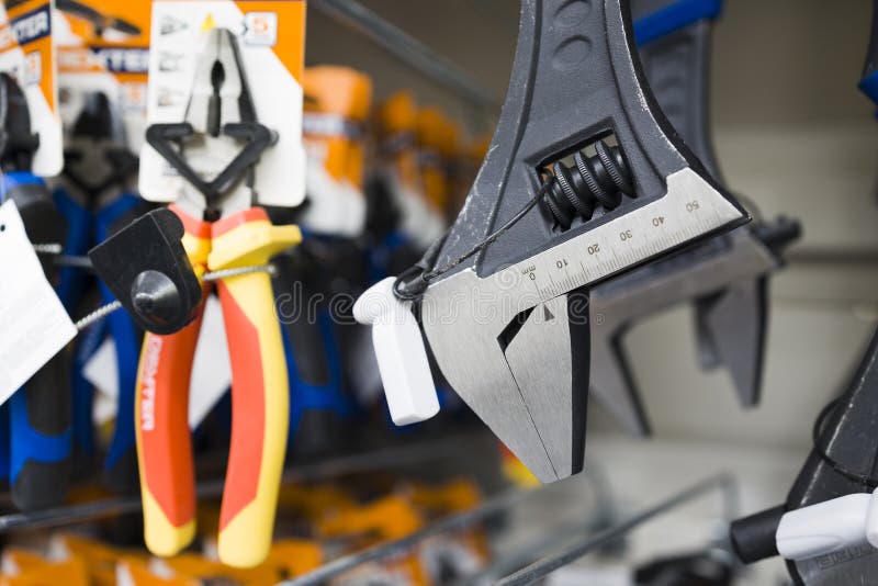 New Wrench Spanner in Construction Store . Close Up View , Soft Focus ...