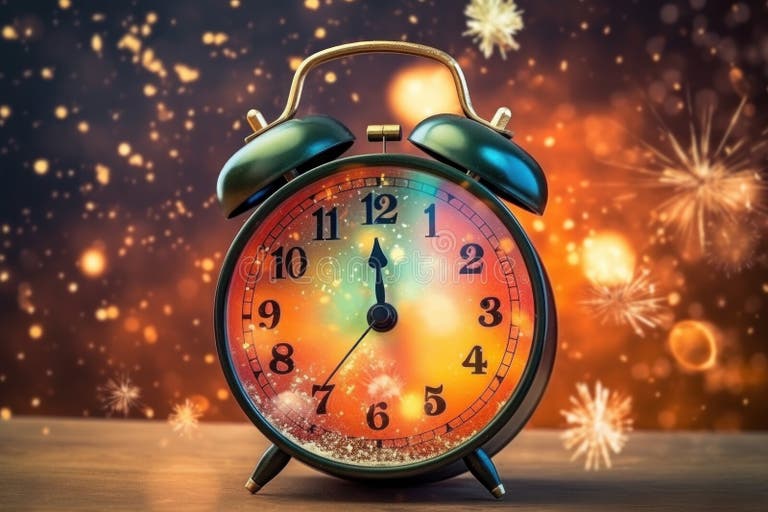 New Year Celebration Countdown To Midnight Clock and Fireworks. AI ...
