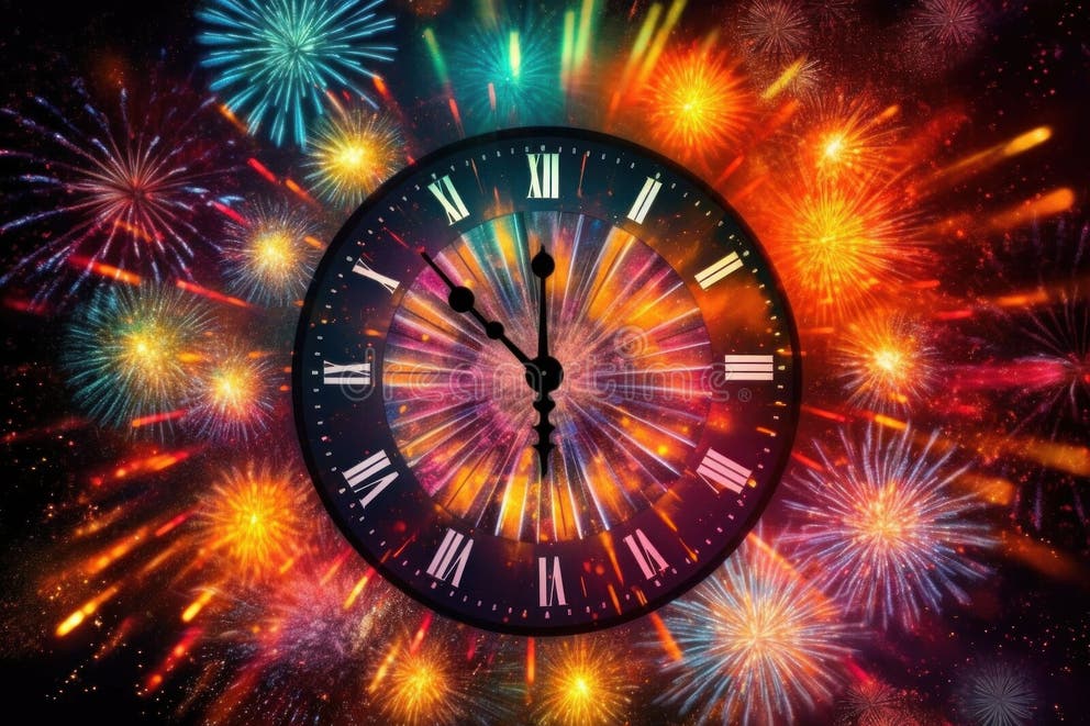 New Year Celebration Countdown To Midnight Clock and Fireworks. AI ...