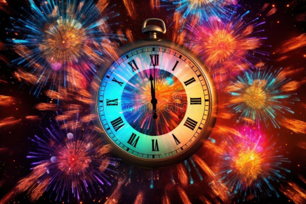 New Year Celebration Countdown To Midnight Clock and Fireworks. AI ...