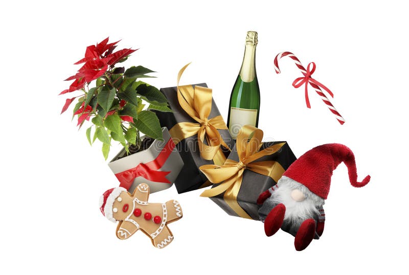 New Year Celebration. Different Festive Stuff in Air on White ...