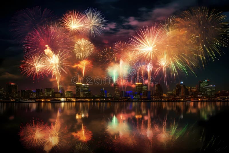 New Year 2024 Celebration Fireworks Cityscape Background Stock ...