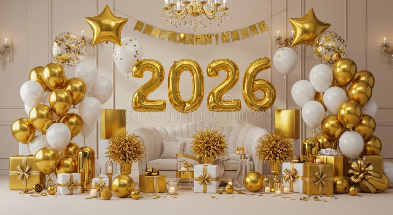 2026 New Year Celebration Gold White Balloons Festive Decor Stock ...