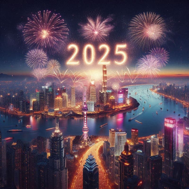 2025 New Year Celebration with Lots of Fireworks and City View at Night ...