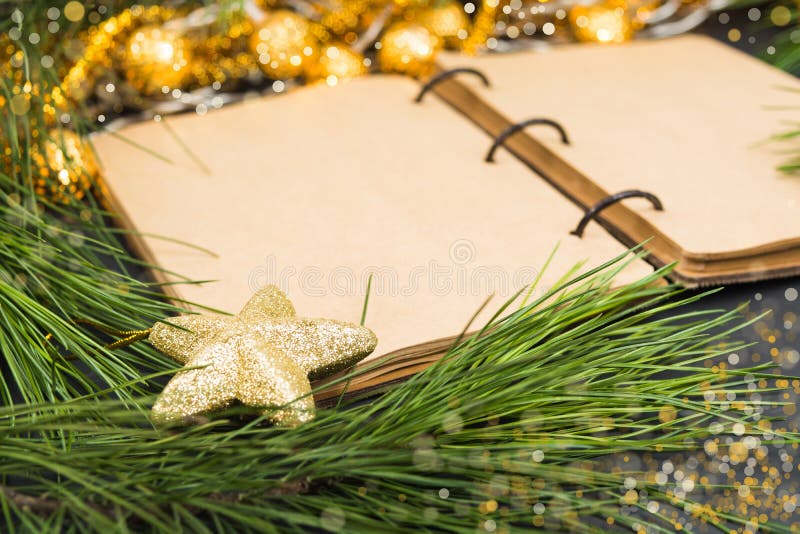 New Year or Christmas Card with Open Empty Notebook with Lights Stock ...
