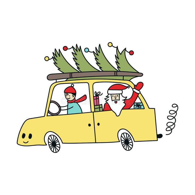 New Year and Christmas Illustration with Santa on the Car with ...