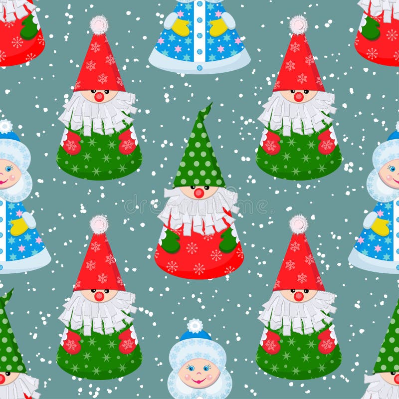 New Year Christmas Seamless Pattern With Paper Doll Santa Claus And Snow Maiden On A Blue
