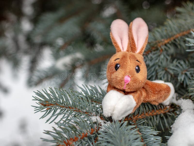 New Year Christmas Tree Blue Christmas Toy Rabbit Stock Photo - Image ...