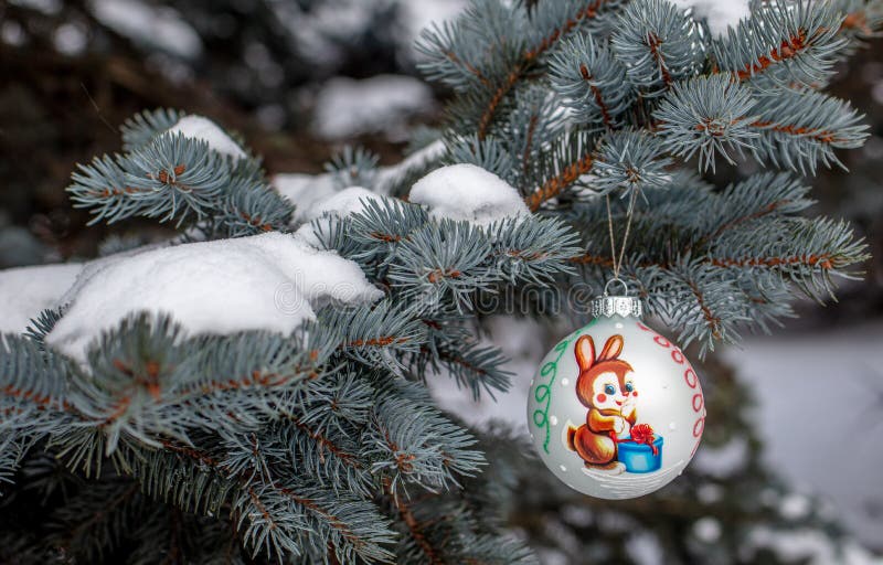 New Year Christmas Tree Blue Christmas Toy Rabbit Stock Photo - Image ...