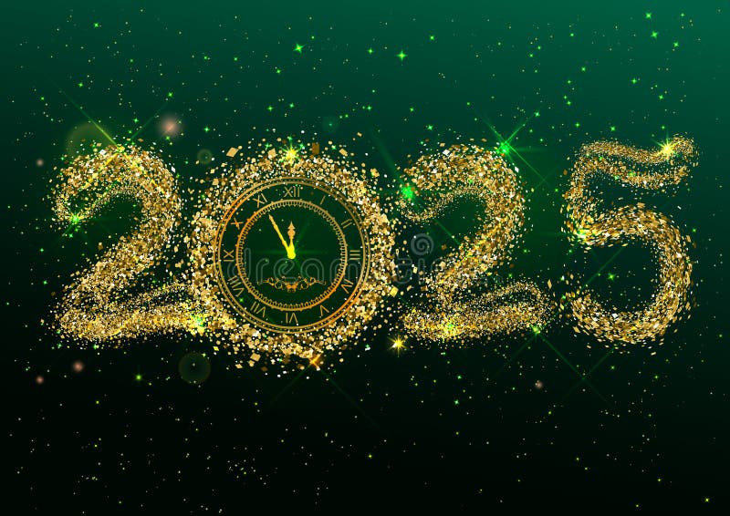 2025 New Year Clock Midnight Gold Glitter on Dark Background Stock ...