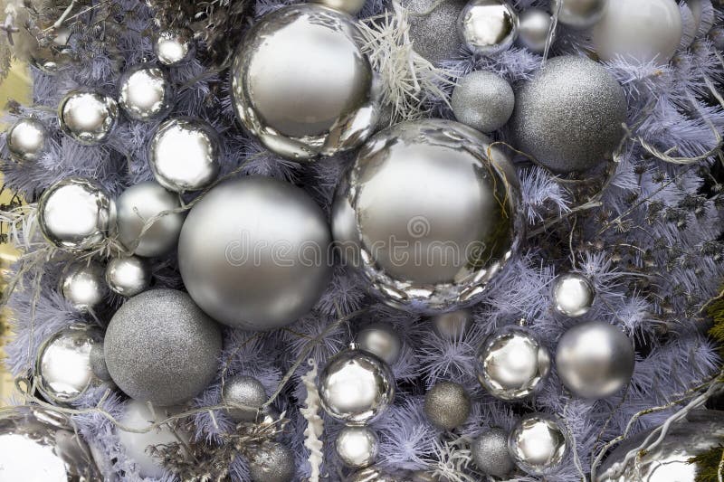 New Year Composition with Silver Balls and Silver Fir Tree Branches ...