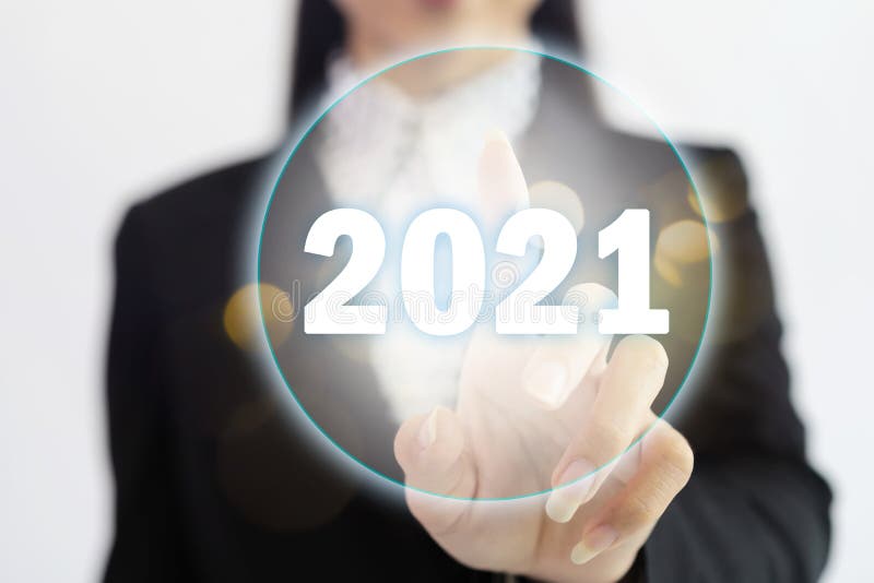 New Year 2021 Concept. Business Women Press the Button Stock Photo ...