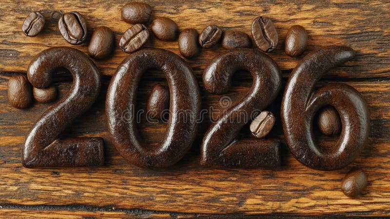 New Year 2026 Concept. Coffee Beans Forming the Number 2026 on a Rustic Wooden Table Stock ...