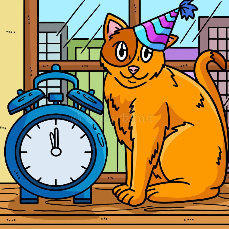 New Year Countdown Cat and Clock Colored Cartoon Stock Vector ...