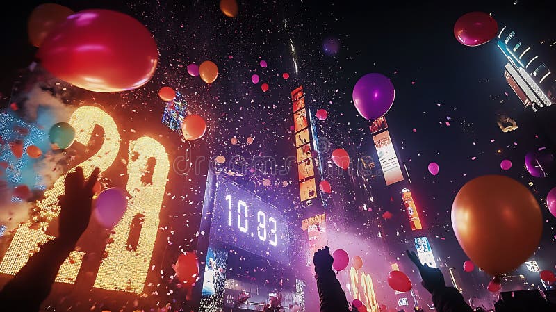 An Outdoor New Year Countdown Event at Midnight, with a Large ...