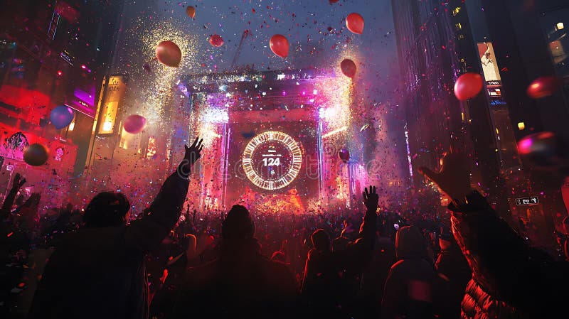 An Outdoor New Year Countdown Event at Midnight, with a Large ...