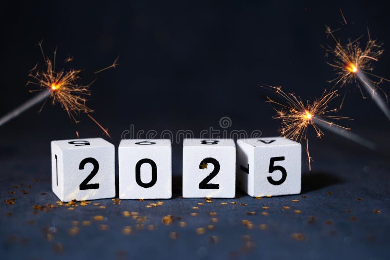 2025 New Year Cubes Numbers with Sparklers and Confetti Stock Image ...