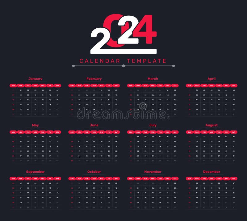 New Year 2024 Dark Calendar Template Design with Accurate Date Stock ...