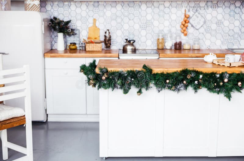 New Year Decor of Snow-white Kitchen Stock Image - Image of dining ...