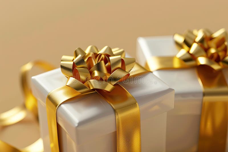 New Year Elegant White Gift Boxes with Gold Ribbons, Copy Space Stock ...
