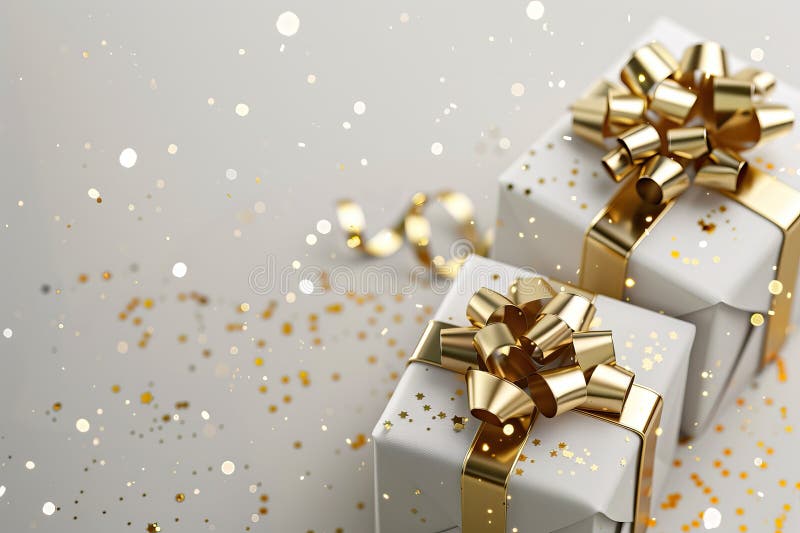 New Year Elegant White Gift Boxes with Gold Ribbons Top View and Copy ...