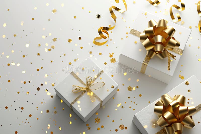 New Year Elegant White Gift Boxes with Gold Ribbons Top View and Copy ...