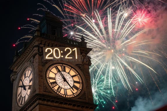 New Year 2021 Fireworks with Clock Face Stock Illustration ...
