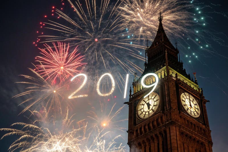 New Year 2019 Fireworks with Clock Face Stock Illustration ...
