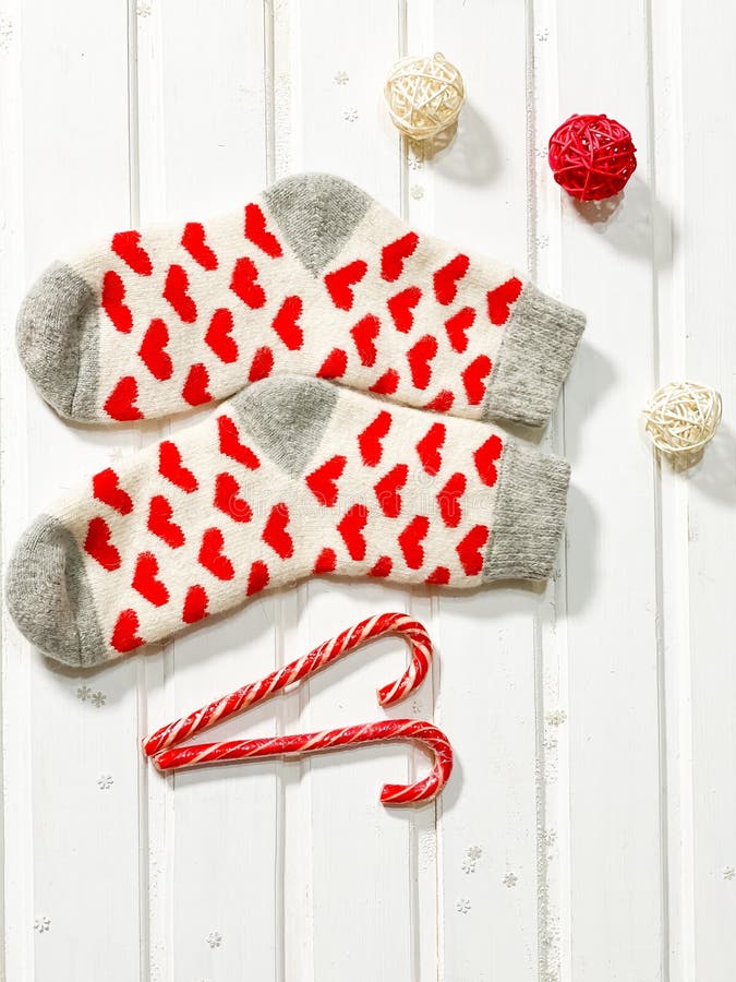 New Year Flat Lay Layouts. Knitted Socks with a Pattern Stock Photo ...