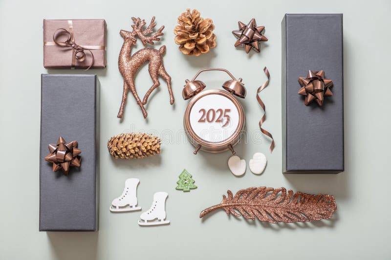 2025 New Year Flatlay with Gifts and Holiday Decor Top View. Creative ...