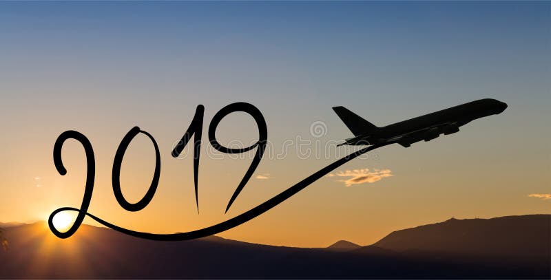 New Year 2019 by Flying Airplane on the Air at Sunrise Stock Image ...