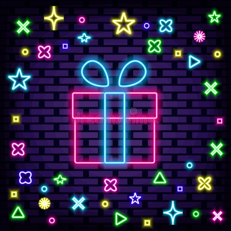 New Year Gift Neon Sign Vector. Bright Signboard. Light Art Stock ...