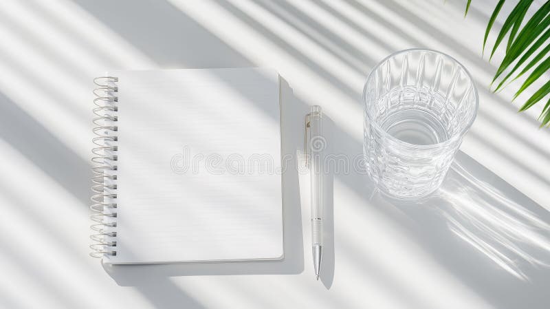 Empty Spiral Notebook with Pen and Glass of Water, on the White Table ...